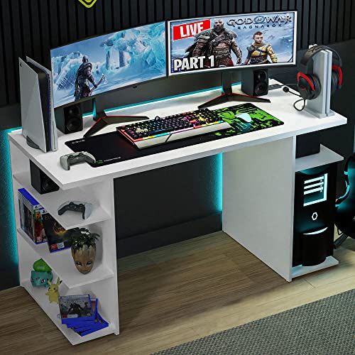 Madesa Gaming Computer Desk with 5 Shelves, Cable Management and Large Monitor Stand, Wood, 24" D x 53" W x 29" H - White