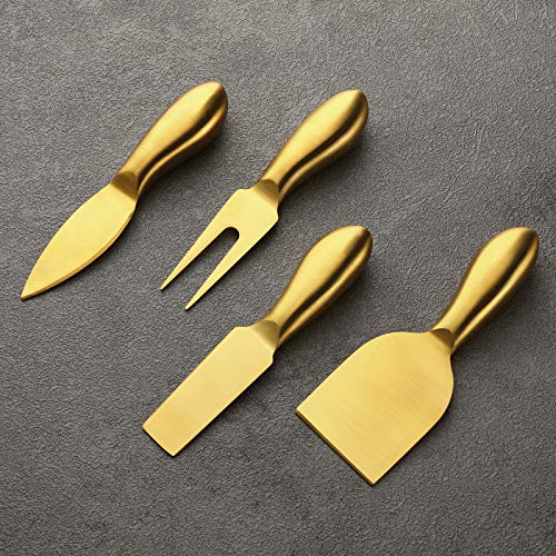 Patelai 4 Pieces Stainless Steel Cheese Knives Set, Cheese Tools with Cheese Slicer and Cheese Cutters for Kitchen (Gold)