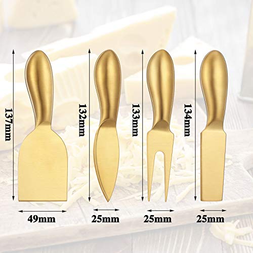 Patelai 4 Pieces Stainless Steel Cheese Knives Set, Cheese Tools with Cheese Slicer and Cheese Cutters for Kitchen (Gold)