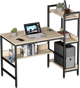 bestier computer desk with storage shelves 47 inch ladder writing desk bedroom organization for small space reversible bookshelf and under desk shelf (oak)