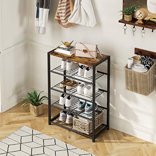 Yusong Shoe Rack, 5 Tier Shoe Organizer Storage for Closet Entryway, Narrow Tall Metal Shoe Shelves with Industrial Wooden Top, Rustic Brown and Black