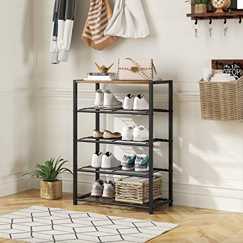 Yusong Shoe Rack, 5 Tier Shoe Organizer Storage for Closet Entryway, Narrow Tall Metal Shoe Shelves with Industrial Wooden Top, Rustic Brown and Black