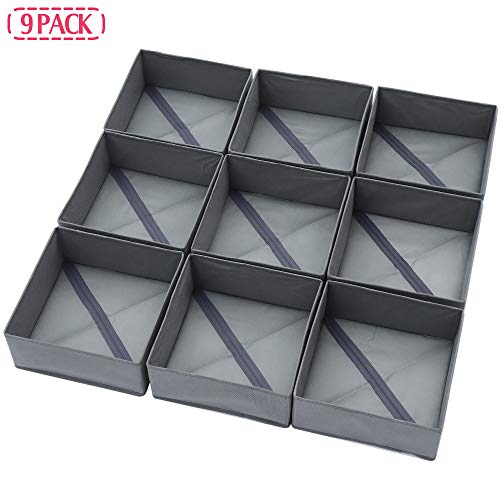 DIOMMELL 9 Pack Foldable Cloth Storage Box Closet Dresser Drawer Organizer Fabric Baskets Bins Containers Divider for Clothes Underwear Bras Socks Lingerie Clothing, M Grey 900