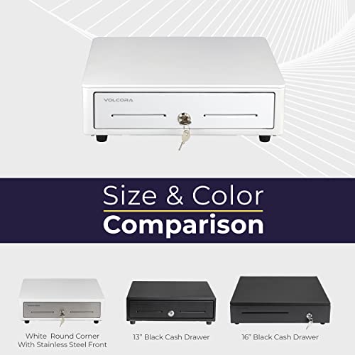 14" Electronic Cash Register Drawer for Point of Sale (POS) System with Round Corners - Fully Removable 2-Tier 4 Bill 5 Coin Cash Tray, 24V, RJ11/RJ12 Key-Lock, Media Slot, White