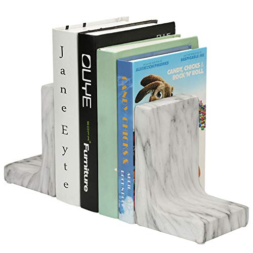 MyGift Marble Style White Ceramic L Shaped Decorative Bookends for Heavy Books Textbook Holders, 1 Pair