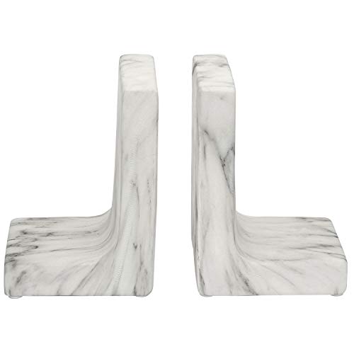 MyGift Marble Style White Ceramic L Shaped Decorative Bookends for Heavy Books Textbook Holders, 1 Pair