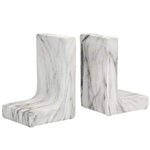 MyGift Marble Style White Ceramic L Shaped Decorative Bookends for Heavy Books Textbook Holders, 1 Pair