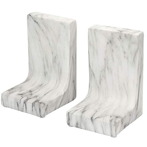 MyGift Marble Style White Ceramic L Shaped Decorative Bookends for Heavy Books Textbook Holders, 1 Pair