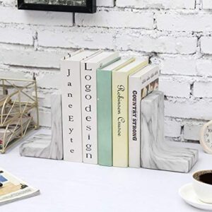 MyGift Marble Style White Ceramic L Shaped Decorative Bookends for Heavy Books Textbook Holders, 1 Pair