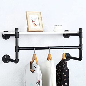 JIANZHUO Industrial Pipe Clothing Rack Wall Mounted with Wood Shelf,Rustic Retail Garment Rack Display Rack Cloths Rack,Pipe Shelving Floating Shelves