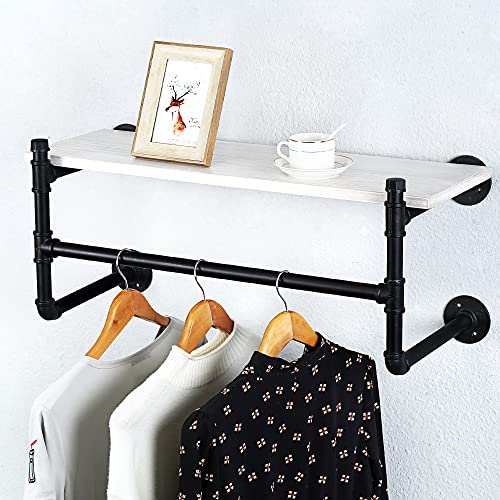 JIANZHUO Industrial Pipe Clothing Rack Wall Mounted with Wood Shelf,Rustic Retail Garment Rack Display Rack Cloths Rack,Pipe Shelving Floating Shelves