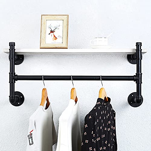 JIANZHUO Industrial Pipe Clothing Rack Wall Mounted with Wood Shelf,Rustic Retail Garment Rack Display Rack Cloths Rack,Pipe Shelving Floating Shelves