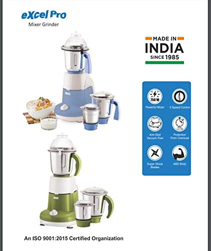 BOSS Excel Pro 3-Jar Mixer Grinder Kitchen Grinding Genius 750 Watt Powerful Motor, 3 Variable Speed with Incher, 110V