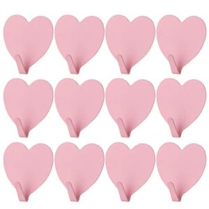 hemoton 12 pcs iron strong heart shaped adhesive hangers wall mounted hooks coat hook traceless hanger for bathroom kitchen (light pink)