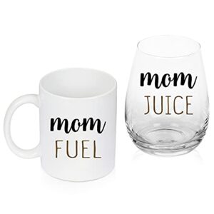 mom fuel ceramic coffee mug＆mom juice stemless wine glass set of 2, funny mom coffee mug 11oz wine glass 15oz - mother’s day gifts for mom new mom first mom wife, christmas birthday gift from kids