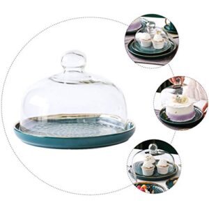 YARNOW Ceramic Tray with Dome Glass Dessert Cover Rustic Cake Stand Desert Platter Ceramic Serving Tray Cheese Cloche Dome for Desserts Fruits Snack Candy (6 Inch)