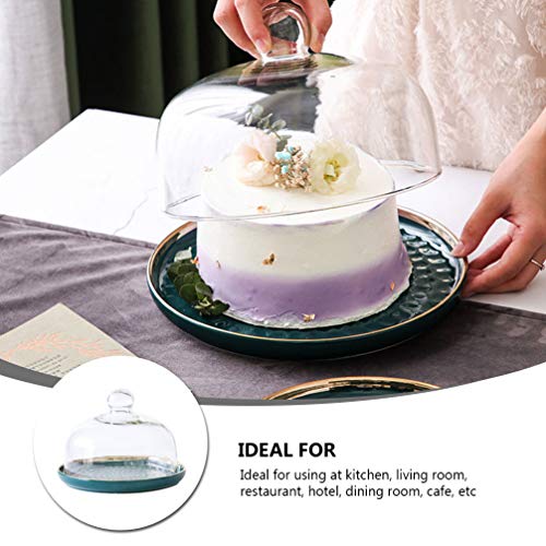 YARNOW Ceramic Tray with Dome Glass Dessert Cover Rustic Cake Stand Desert Platter Ceramic Serving Tray Cheese Cloche Dome for Desserts Fruits Snack Candy (6 Inch)