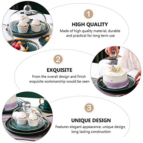 YARNOW Ceramic Tray with Dome Glass Dessert Cover Rustic Cake Stand Desert Platter Ceramic Serving Tray Cheese Cloche Dome for Desserts Fruits Snack Candy (6 Inch)