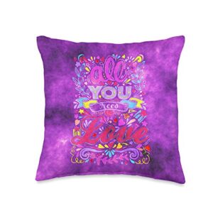 eddart 60s 70s flower power retro pop art-all you need is love 4-hippie fan fun throw pillow, 16x16, multicolor