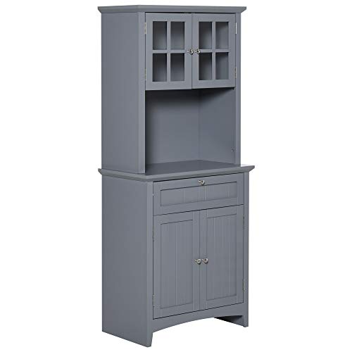 HOMCOM Elegant Buffet with Hutch, Kitchen Pantry Storage Cabinet with Framed Glass Door Drawer and Microwave Space, Grey