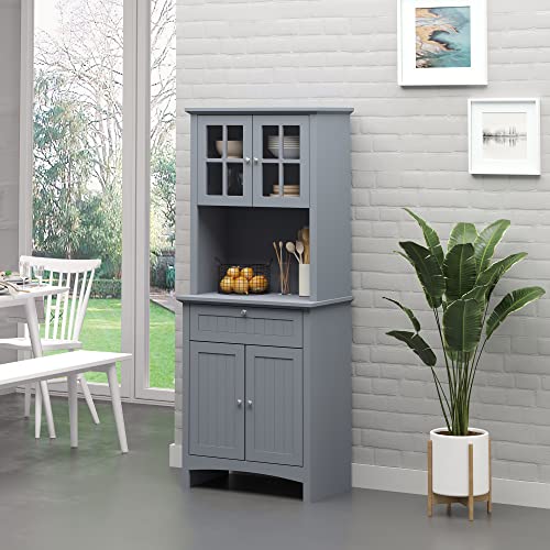 HOMCOM Elegant Buffet with Hutch, Kitchen Pantry Storage Cabinet with Framed Glass Door Drawer and Microwave Space, Grey