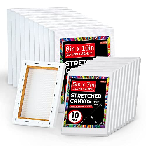 Shuttle Art Stretched Canvas, 20 PCS Value Pack, 5 x 7, 8 x 10 Inches (10 of Each), 100% Cotton, Primed White Canvases for Painting, Stretched Canvas Art Supplies for Acrylic, Oil, Acrylic Pouring