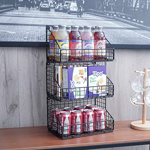 X-cosrack 3 Tier Stackable Tea Bag Organizer Large Size with 5 Hooks Metal Wire Basket Coffee Snack Rack Holder Countertop Caddy Bin Wall Mount Shelf for Office Kitchen Cabinet Pantry Patent Desgin, 11.8x7.8x22 inch