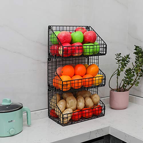 X-cosrack 3 Tier Stackable Tea Bag Organizer Large Size with 5 Hooks Metal Wire Basket Coffee Snack Rack Holder Countertop Caddy Bin Wall Mount Shelf for Office Kitchen Cabinet Pantry Patent Desgin, 11.8x7.8x22 inch