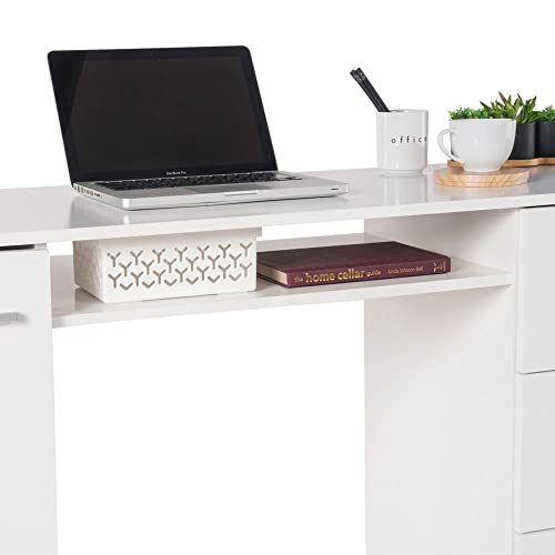 Madesa Computer Desk with 3 Drawers, 1 Door and 1 Storage Shelf, Wood Writing Home Office Workstation, 30” H x 18” D x 53” W - White