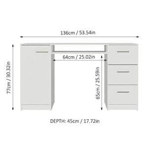 Madesa Computer Desk with 3 Drawers, 1 Door and 1 Storage Shelf, Wood Writing Home Office Workstation, 30” H x 18” D x 53” W - White