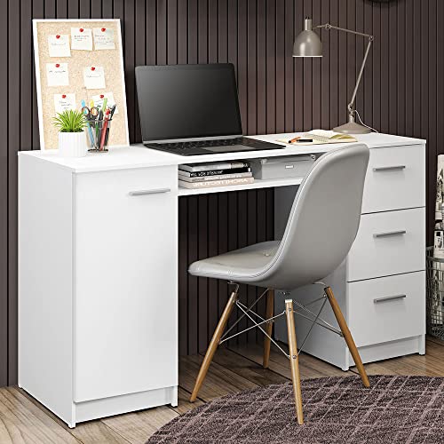 Madesa Computer Desk with 3 Drawers, 1 Door and 1 Storage Shelf, Wood Writing Home Office Workstation, 30” H x 18” D x 53” W - White