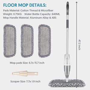 Microfiber Mop Spray Mop for Floor Cleaning - EXEGO Floor Mop Wood Mop Kitchen Mop Dry Wet Mop with 3 Reusable Pads & 640ML Refillable Spray Bottle for Hardwood Floor Ceramic Tiles Floor Cleaning