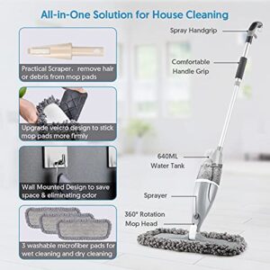 Microfiber Mop Spray Mop for Floor Cleaning - EXEGO Floor Mop Wood Mop Kitchen Mop Dry Wet Mop with 3 Reusable Pads & 640ML Refillable Spray Bottle for Hardwood Floor Ceramic Tiles Floor Cleaning