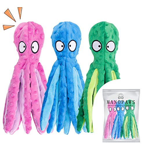 MANOPAWS 3 Pack Dog Toys for Small Dogs, Medium Dogs, Large Dogs, Puppy Teething Chew Toys, Aggressive chewers, No Stuffing Crinkle Plush Dog Toys (Octopus)