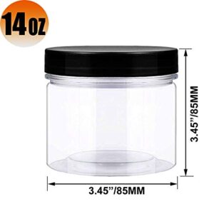 14oz (420ml 12 Pack) Empty Clear Wide Mouth Plastic Jars with Smooth Lids and Labels - Round PET Containers for Food Storage and Dry Goods,Craft and More - BPA Free (Black Lids)