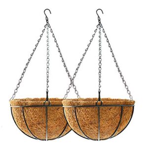 toocmeuk hanging plant basket flower holder (2pack, 16 inch)-metal wire round hanging basket planter with coco fiber liners for plants flower pots outdoor garden porch and balcony decor