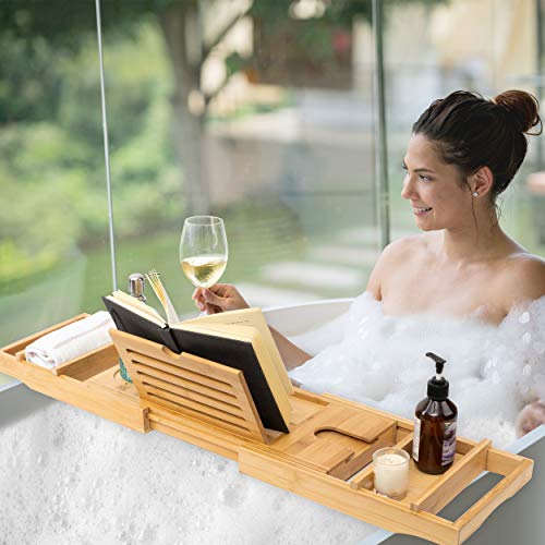 Lifestyle Expandable Bath Tub Tray - A Lovely Expandable Wooden Tray with Space for Wine Glass, Book/iPad Stand, Towels, and Bathing Gel. Great for Relaxation After Works and Family Activities.