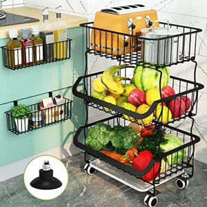 fruit vegetable basket, 1easylife 3 tier stackable metal wire basket cart with rolling wheels, utility rack for kitchen, pantry, garage, with 2 free baskets (3 tier)