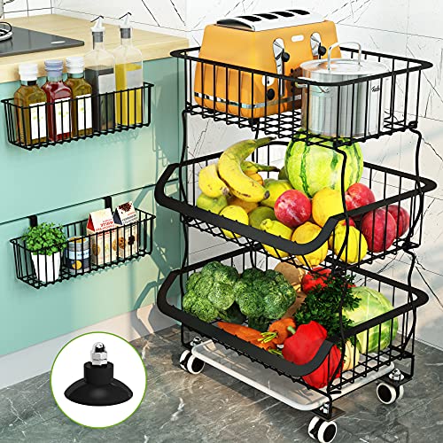 Fruit Vegetable Basket, 1Easylife 3 Tier Stackable Metal Wire Basket Cart with Rolling Wheels, Utility Rack for Kitchen, Pantry, Garage, With 2 Free Baskets (3 tier)