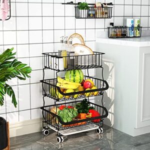 Fruit Vegetable Basket, 1Easylife 3 Tier Stackable Metal Wire Basket Cart with Rolling Wheels, Utility Rack for Kitchen, Pantry, Garage, With 2 Free Baskets (3 tier)