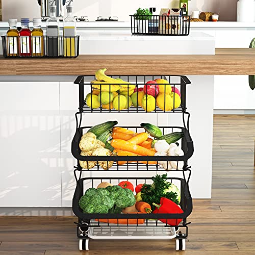 Fruit Vegetable Basket, 1Easylife 3 Tier Stackable Metal Wire Basket Cart with Rolling Wheels, Utility Rack for Kitchen, Pantry, Garage, With 2 Free Baskets (3 tier)