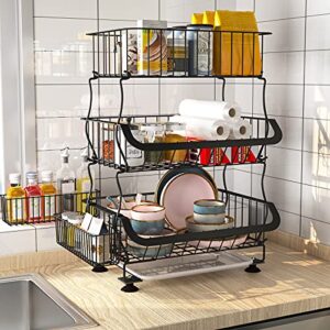 Fruit Vegetable Basket, 1Easylife 3 Tier Stackable Metal Wire Basket Cart with Rolling Wheels, Utility Rack for Kitchen, Pantry, Garage, With 2 Free Baskets (3 tier)