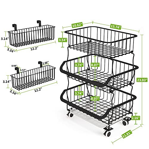 Fruit Vegetable Basket, 1Easylife 3 Tier Stackable Metal Wire Basket Cart with Rolling Wheels, Utility Rack for Kitchen, Pantry, Garage, With 2 Free Baskets (3 tier)