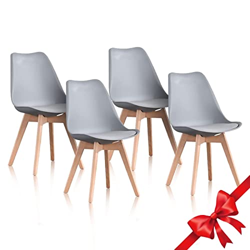 Echoamo Dining Chairs Set of 4, Mid Century Modern DSW Chair, Durable PU Cushion with Beech Wood Legs and Soft Padded Upholstered Dining Chair for Dining Room, Living Room, Bedroom, Kitchen (Grey)