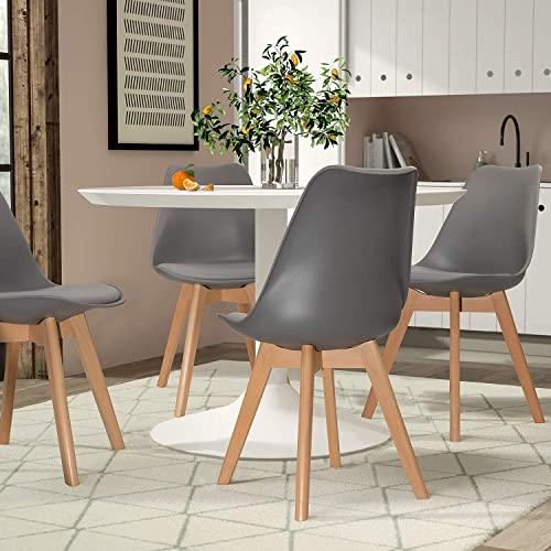 Echoamo Dining Chairs Set of 4, Mid Century Modern DSW Chair, Durable PU Cushion with Beech Wood Legs and Soft Padded Upholstered Dining Chair for Dining Room, Living Room, Bedroom, Kitchen (Grey)