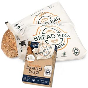 think4earth – (2 pack) cotton linen bread bag organic - reusable bread bags for homemade bread gift giving - bread container for large sourdough loafs – counter top cloth bread storage and transport.