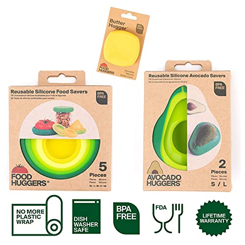 Food Huggers Kitchen Must-haves (8 Pieces)- Butter Hugger Keeps Butter Sealed and Fresh + Avocado Hugger (Set of 2) + Food Huggers Fresh Greens (Set of 5), Dishwasher Safe Silicone/ 100% BPA Free