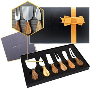 mjuan premium 6-piece cheese knife set,complete stainless steel cheese knives collection(acacia wood handle)-cheese spreader knife for charcuterie,gift-ready