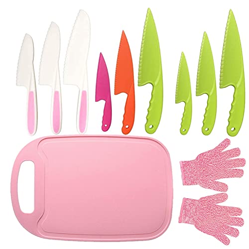 POCOMOCO 12Pcs Kids Plastic Knife Set,BPA-Free Children's Safe Cooking Knife Set with Cut Resistant Gloves(Ages 6-12)&Cutting Board for Fruit,Salad (Pink)