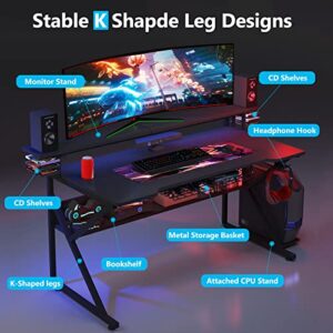 Tribesigns Gaming Desk with Storage Shelf and 59 inches Monitors Shelf, 47 inches PC Computer Desk, Home Office Table Gamer Workstation with CPU Stand and Headphone Hook/CD Holder (47)